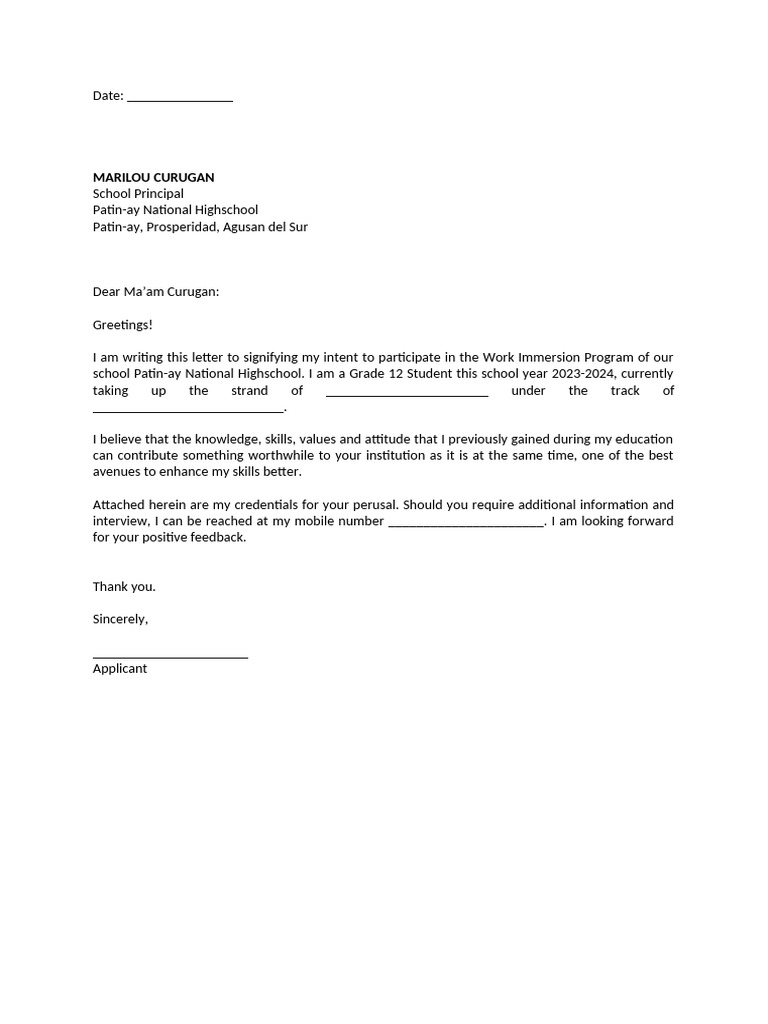Work Immersion Program Application Letter | PDF