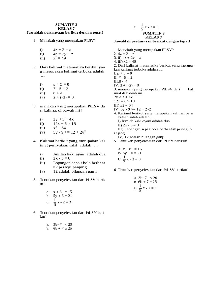 SUMATIF PLSV Dan PTLSV | PDF