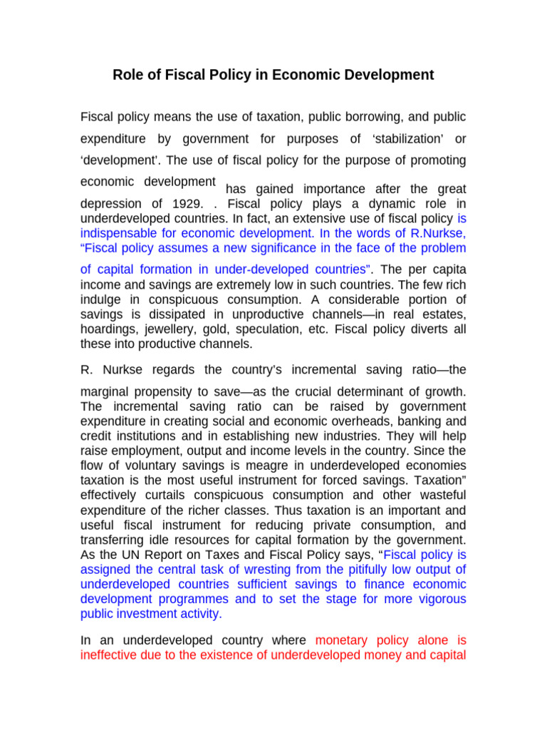 Role of Fiscal Policy in Economic Development | PDF | Taxes | Inflation