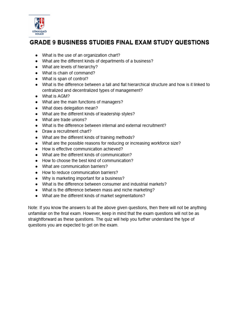 Grade 9 Business Studies Final Exam Study Questions | PDF