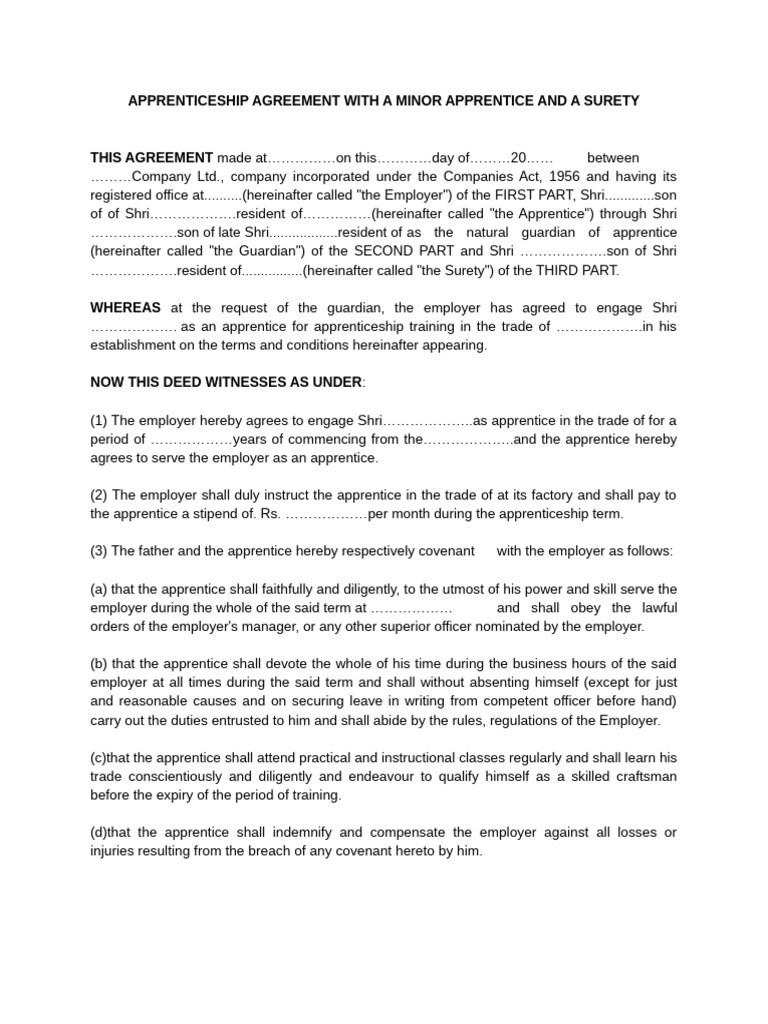 Apprenticeship Agreement With a Minor Apprentice and a Surety | PDF ...