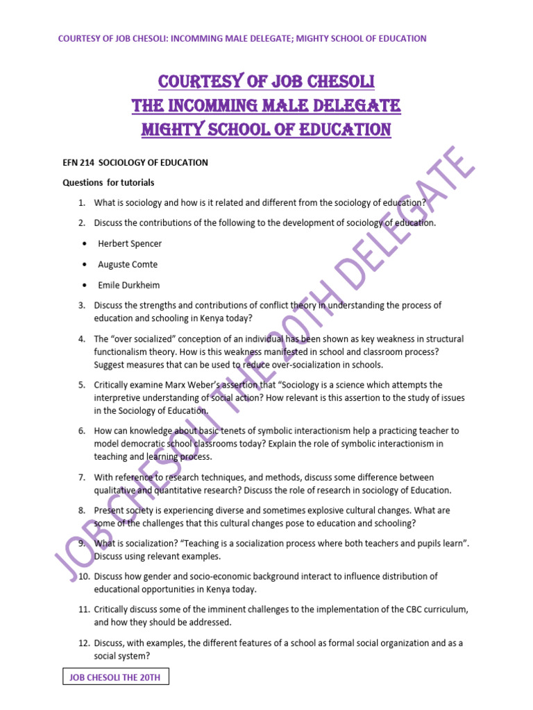 Efn 214 Sociology of Education - Tutorial Questions - by Job Chesoli ...