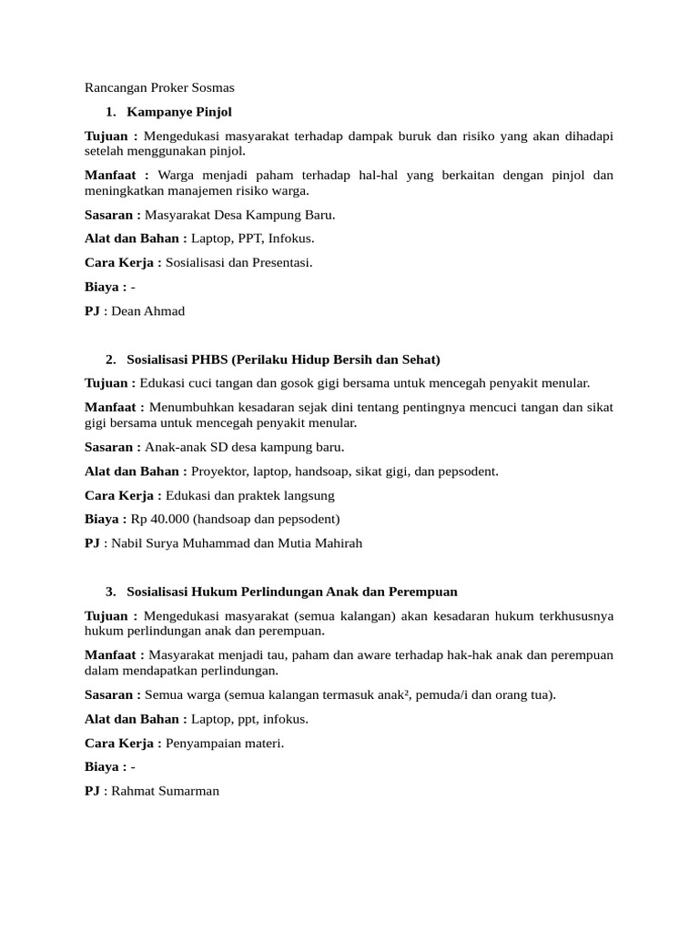 Proker Sosmas KKN Desa Kampung Baru | PDF