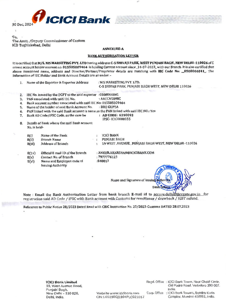 Ad Code Letetr Icici Bank New PDF | PDF