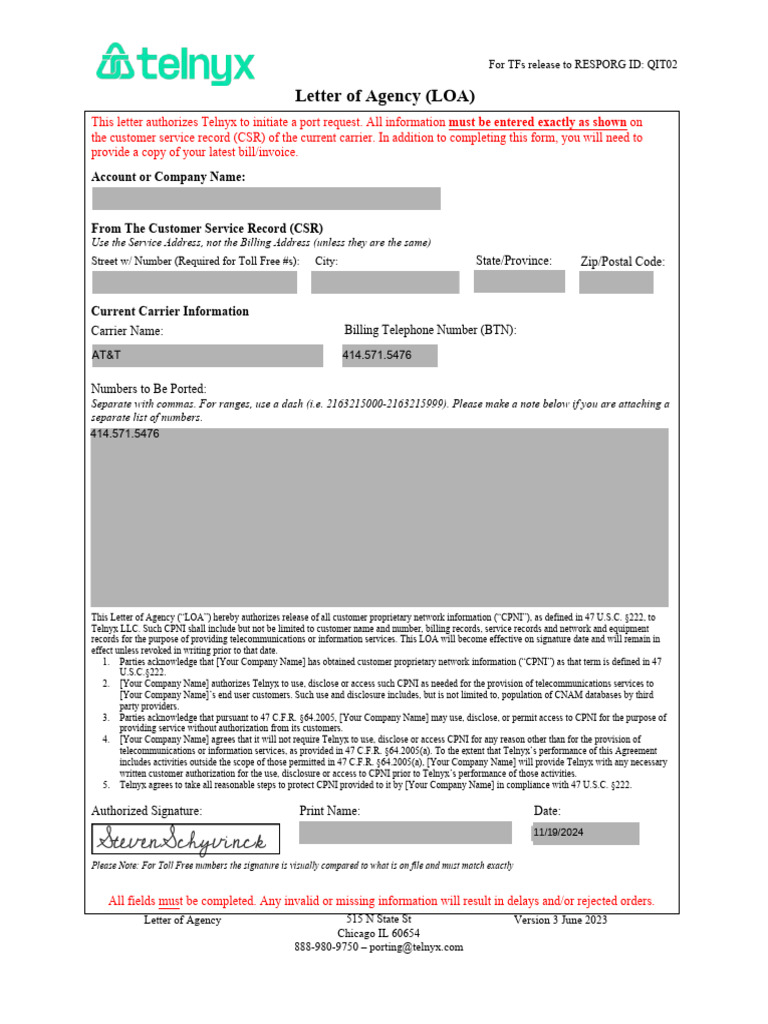 Telnyx-LOA Steven Schyvinck | PDF | Service Industries | Telecommunications