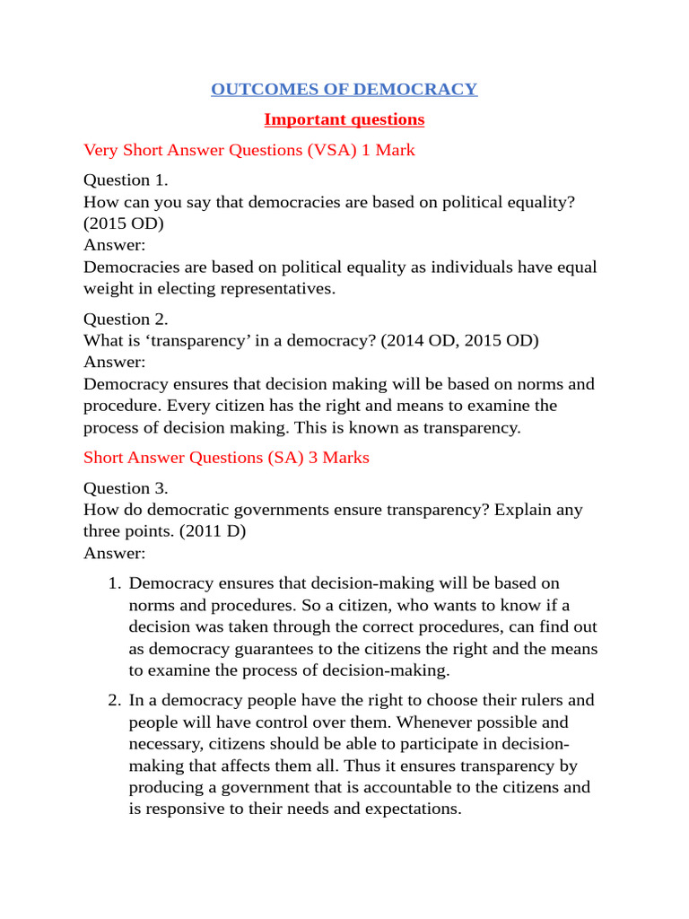 Important questions Outcomes of Democracy | PDF | Democracy | Political ...