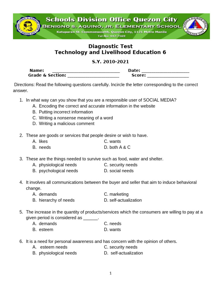 Diagnostic Test Grade 6 Epp | PDF | Sewing