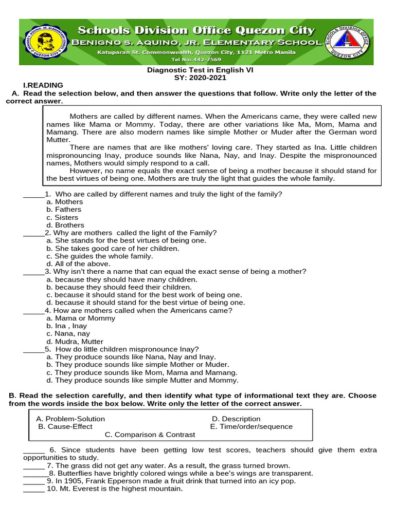 Diagnostic Test in English 6 | PDF | Mother