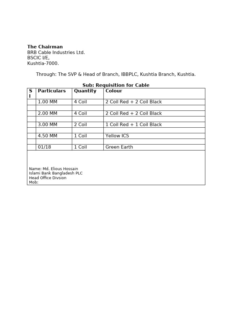 Cable Requisition for BRB Industries | PDF
