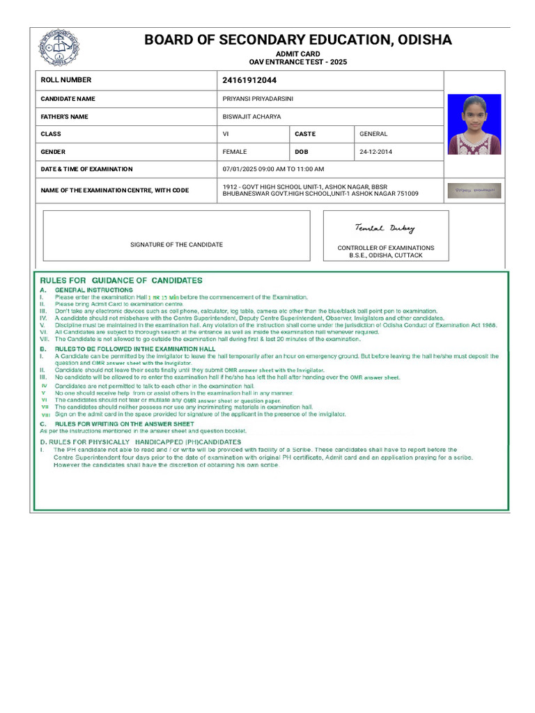 OAV Entrance Test Admit Card 2025 | PDF