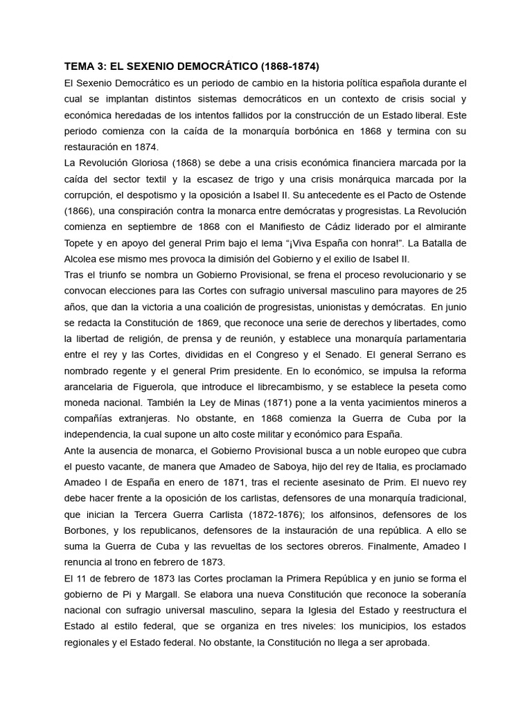 Tema 3 - El Sexenio Democrático | PDF | España | Política de españa
