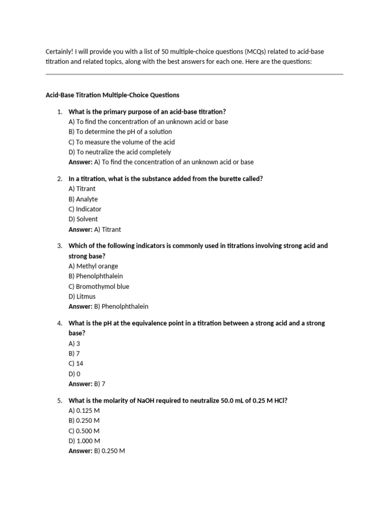 Acid Base Titration Test Questions | PDF | Titration | Chemistry