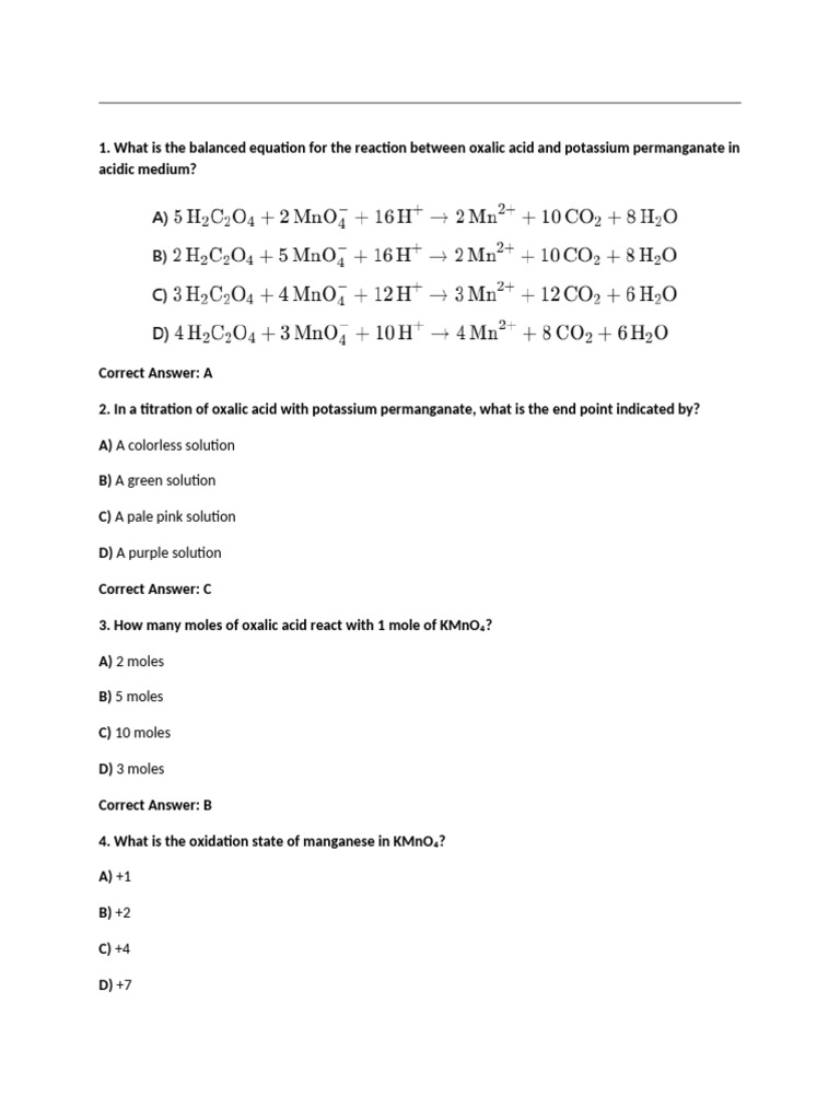 Oxalic Acid vs KMnO4 Titration Test Questions | PDF | Titration | Chemistry