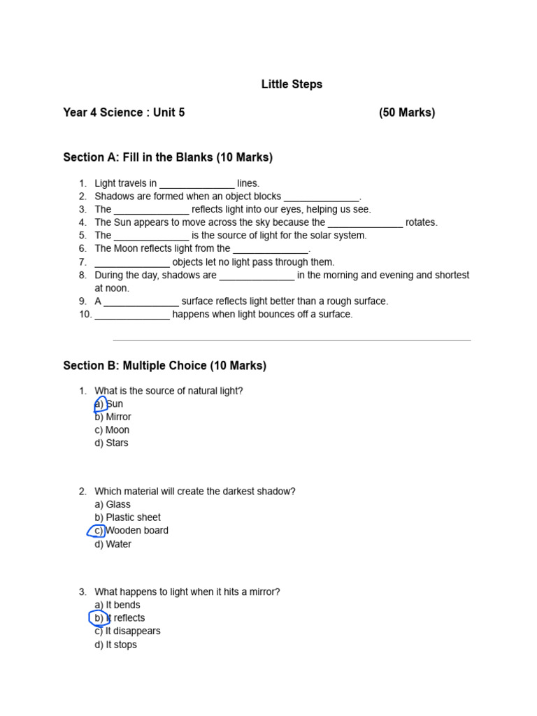 Year 4 Science _ Unit 5_ | PDF | Shadow | Light