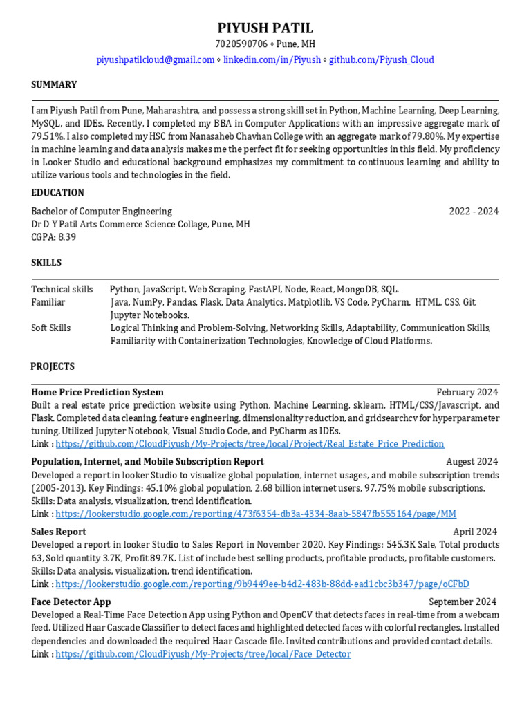 Piyush Resume | PDF | Data Analysis | Data