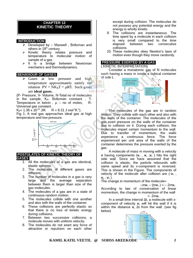 Hsslive Xii Ch12 Kamil Notes Kinetic Theory | PDF | Gases | Temperature