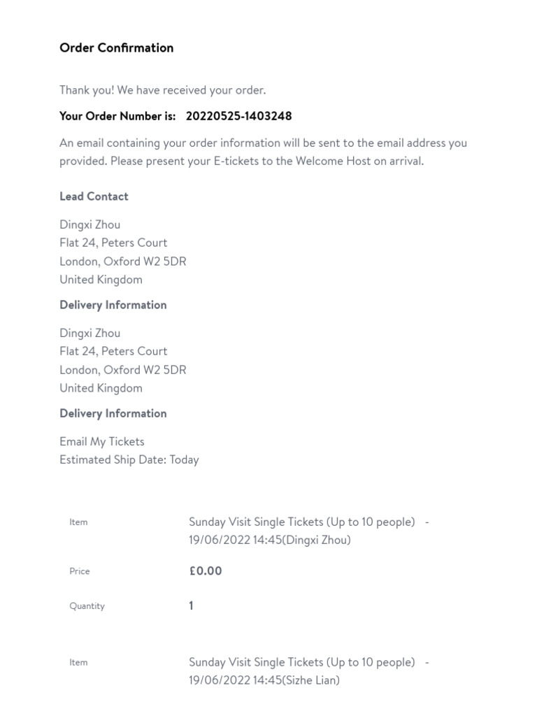 Sky Garden London __ Order Confirmation Print Popup | PDF