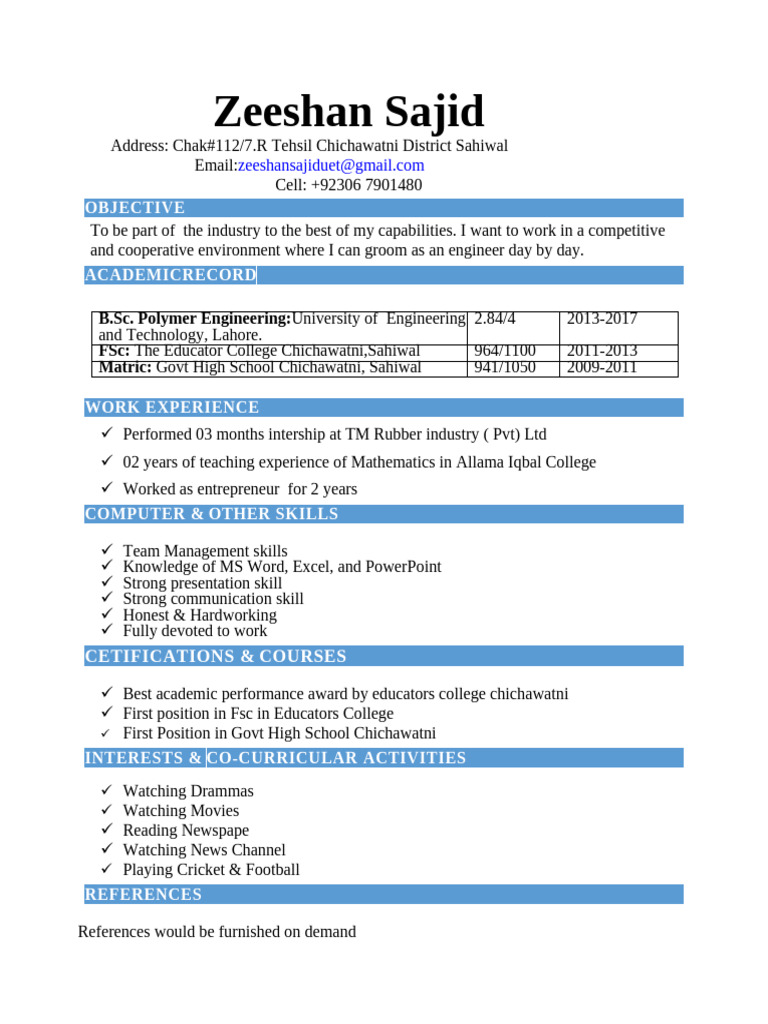 CV Zeeshan Sajid | PDF