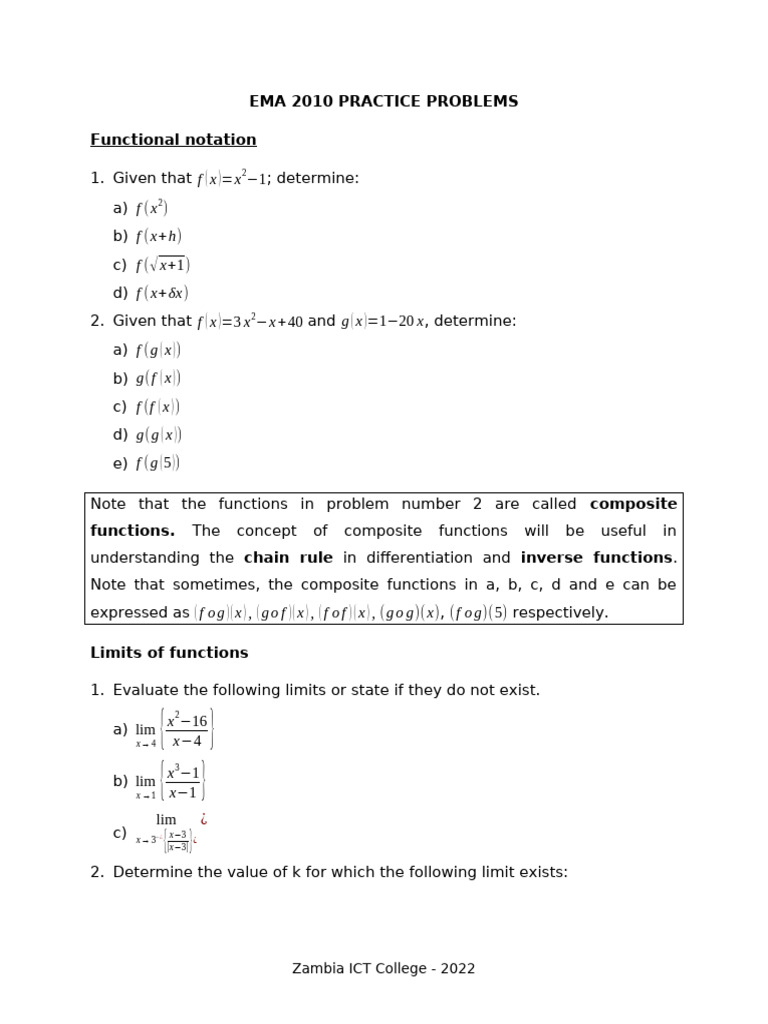 EMA 2010 Practice Problems: Functions & Limits | PDF