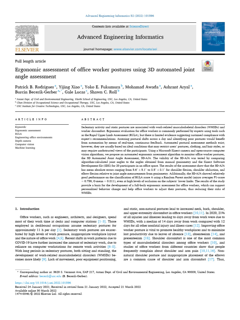 Rodrigues_Ergonomic assessment of office worker postures using 3D ... | PDF | Anatomical Terms ...