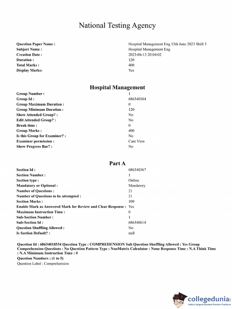 CUET PG 2023 Hospital Management Question Paper in English June 13 ...