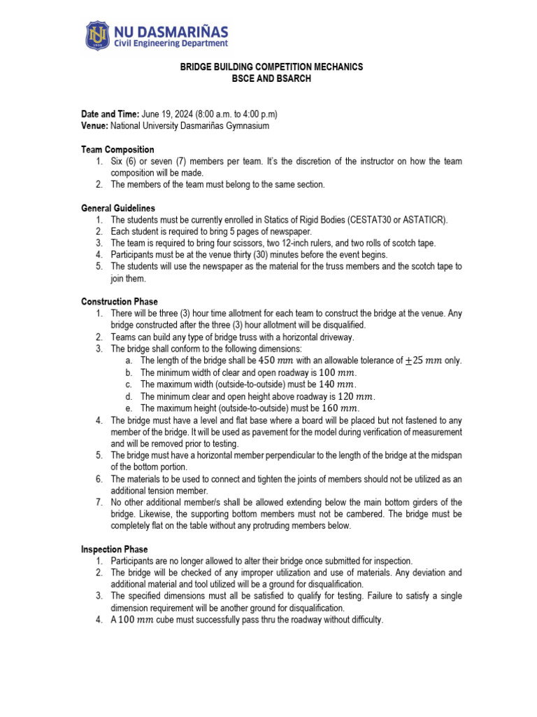 Bridge Building Competition Guidelines | PDF | Bridge | Structural ...