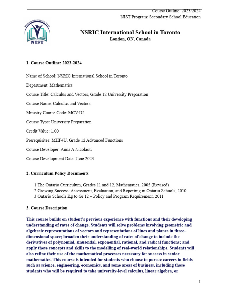 NSRIC-MCV4U Course Outline | PDF | Derivative | Educational Assessment