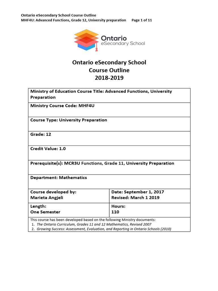 OES_MHF4U_Course_Outline_2019 | PDF | Function (Mathematics) | Polynomial