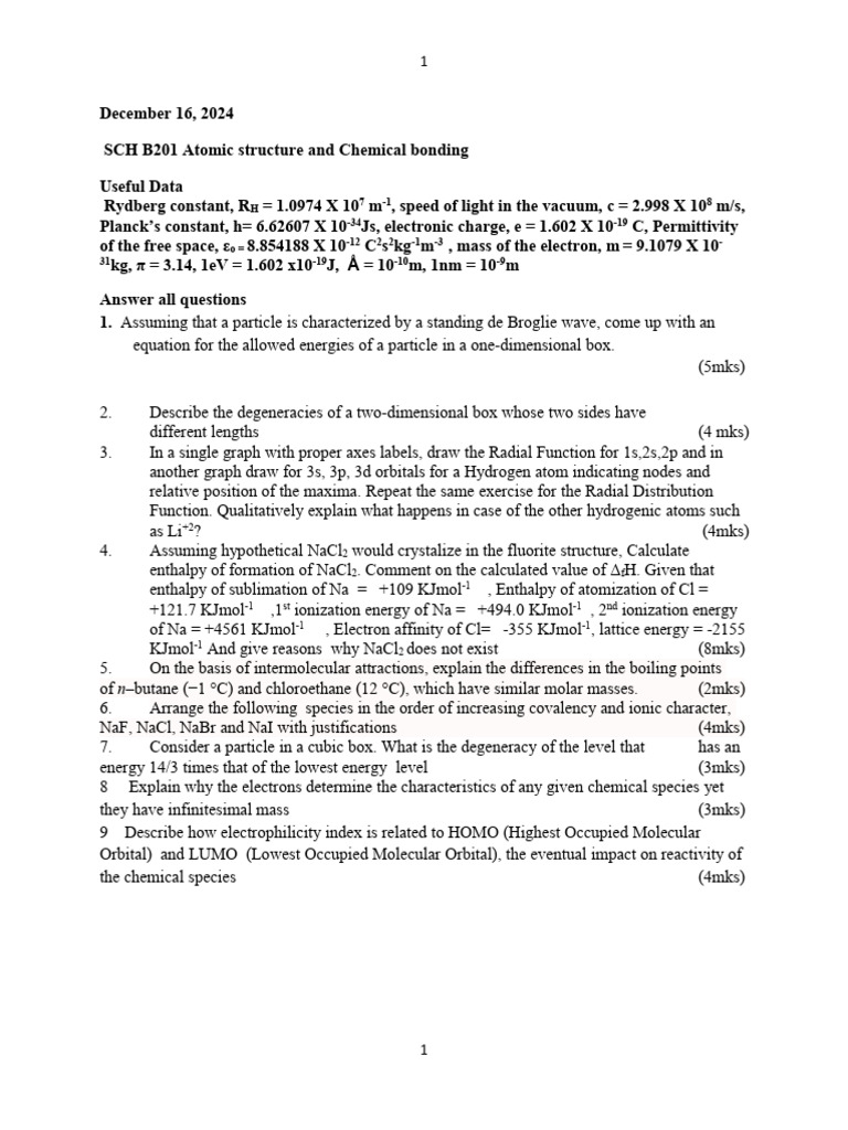 SCH B201 Take Away CAT 2024 | PDF | Atomic Orbital | Electron