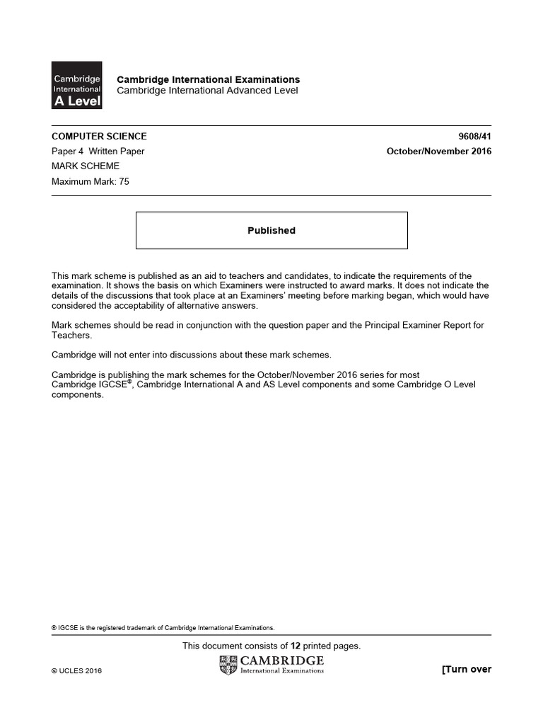 9608_w16_ms_41 | PDF | Boolean Data Type | Computer Science