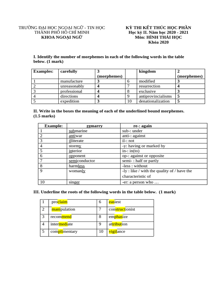 De Morpho k2020 - Dap An | PDF | Word | Syntactic Relationships