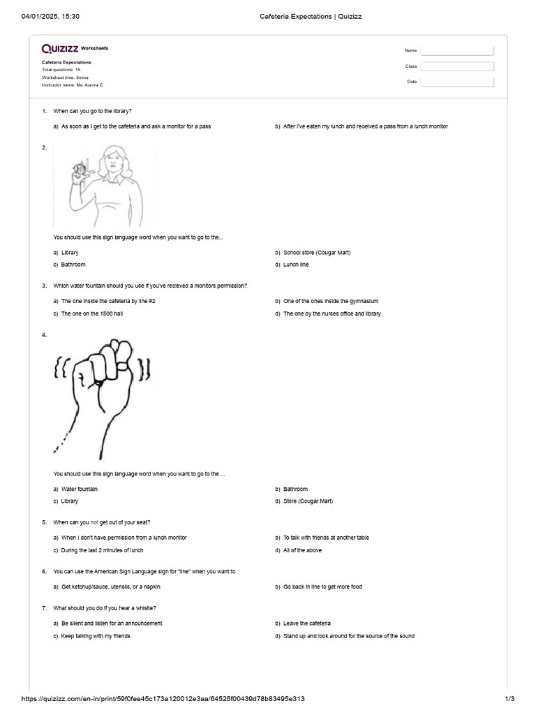 Cafeteria Behavior Expectations Quiz | PDF