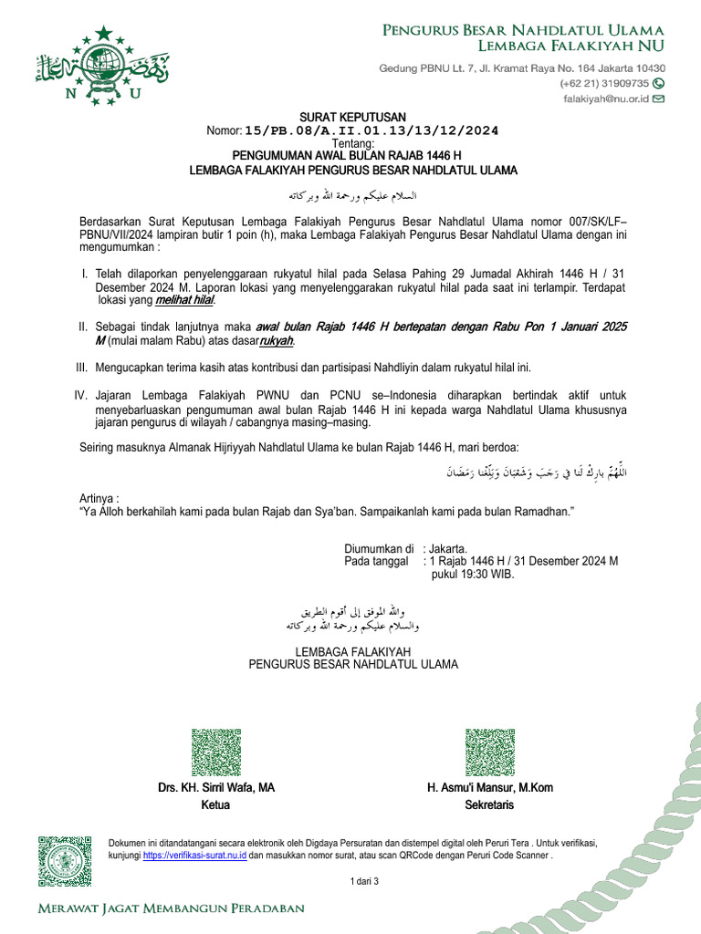 Pengumuman Awal Bulan Rajab 1446 H | PDF