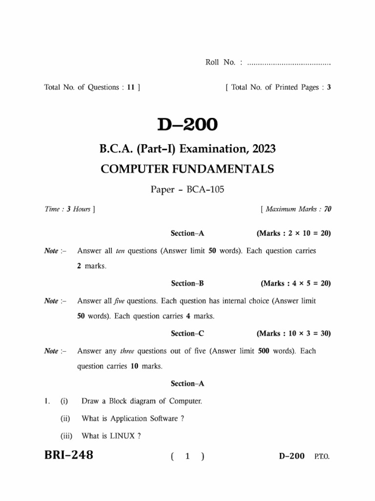 Bca Part 1 Computer Fundamentals D 200 2023 | PDF