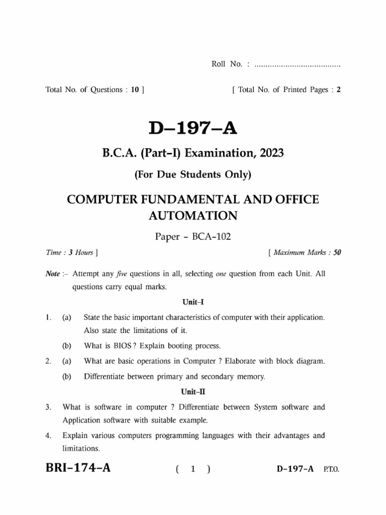 Bca Part 1 Computer Fundamental and Office Automation D 197 A 2023 | PDF