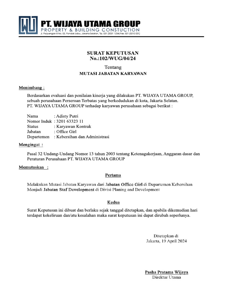 SK Mutasi Jabatan Karyawan | PDF