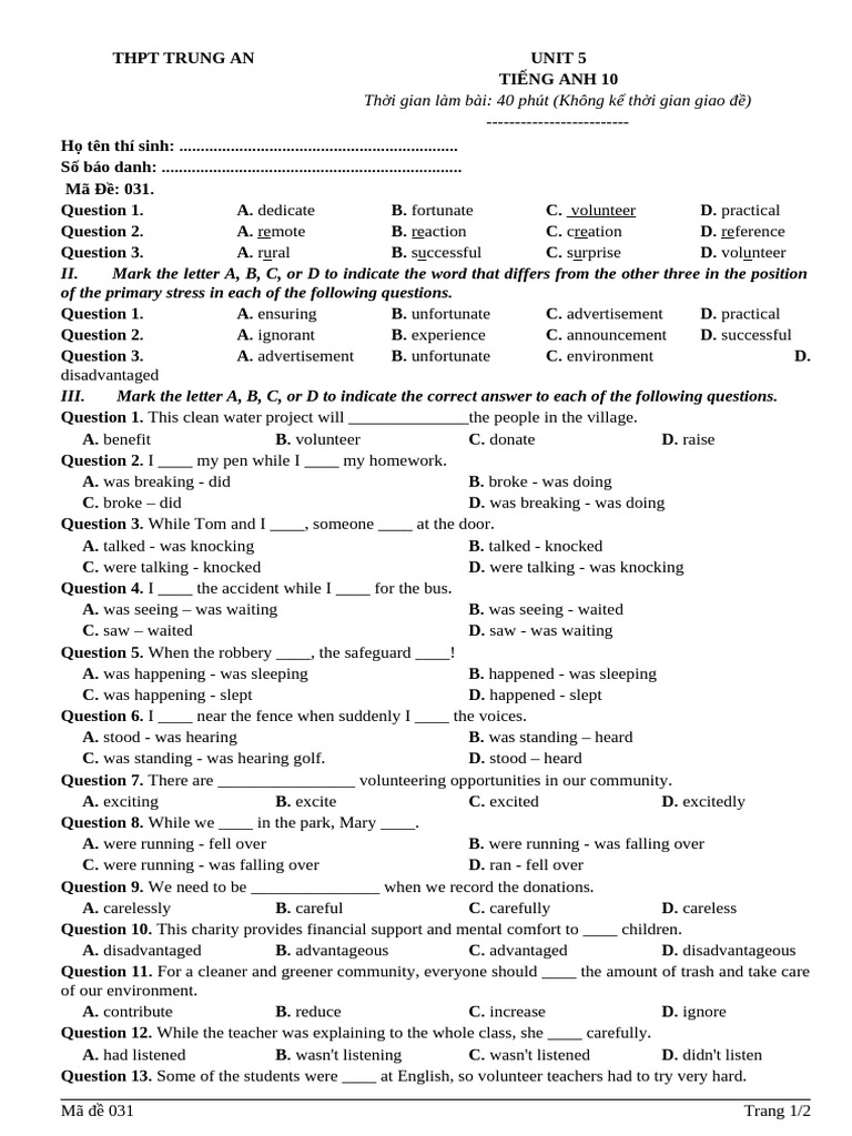 English Test for 10th Graders | PDF