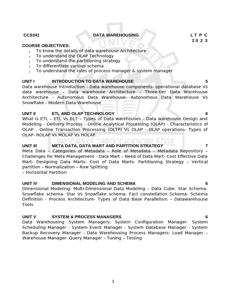 ccs341 Data Warehousing Syllabus | PDF | Data Warehouse | Computing