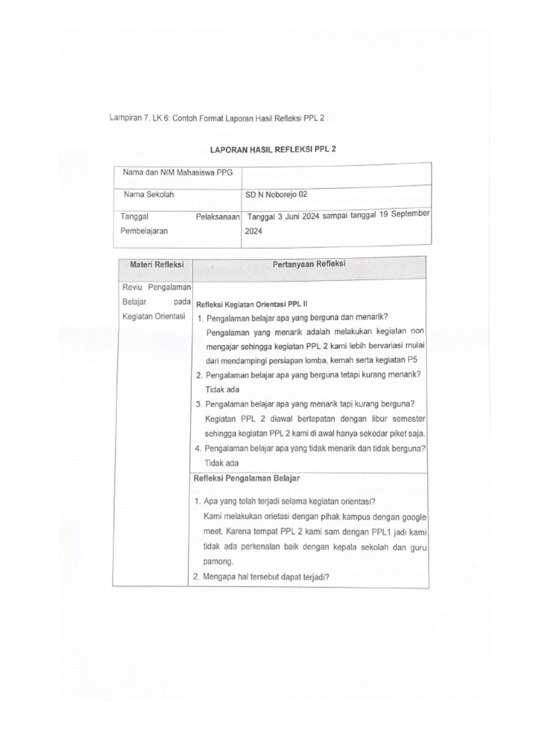 Lampiran 7. LK 6 Contoh Format Laporan Hasil Refleksi PPL 2 | PDF