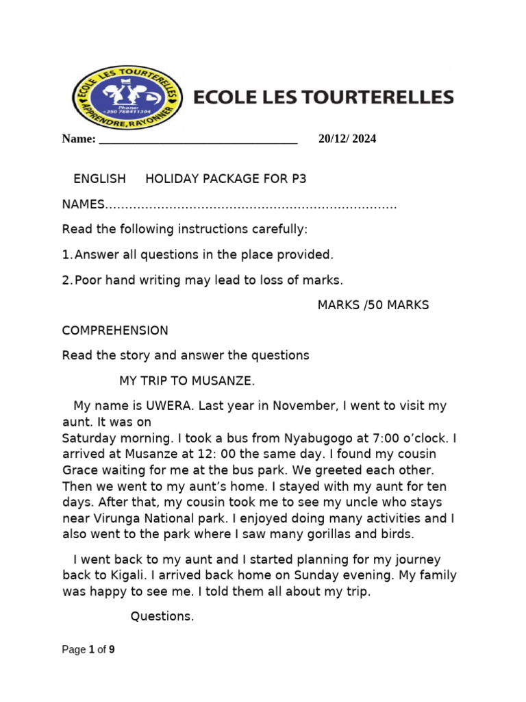 English Holiday Package 2024 P3 | PDF