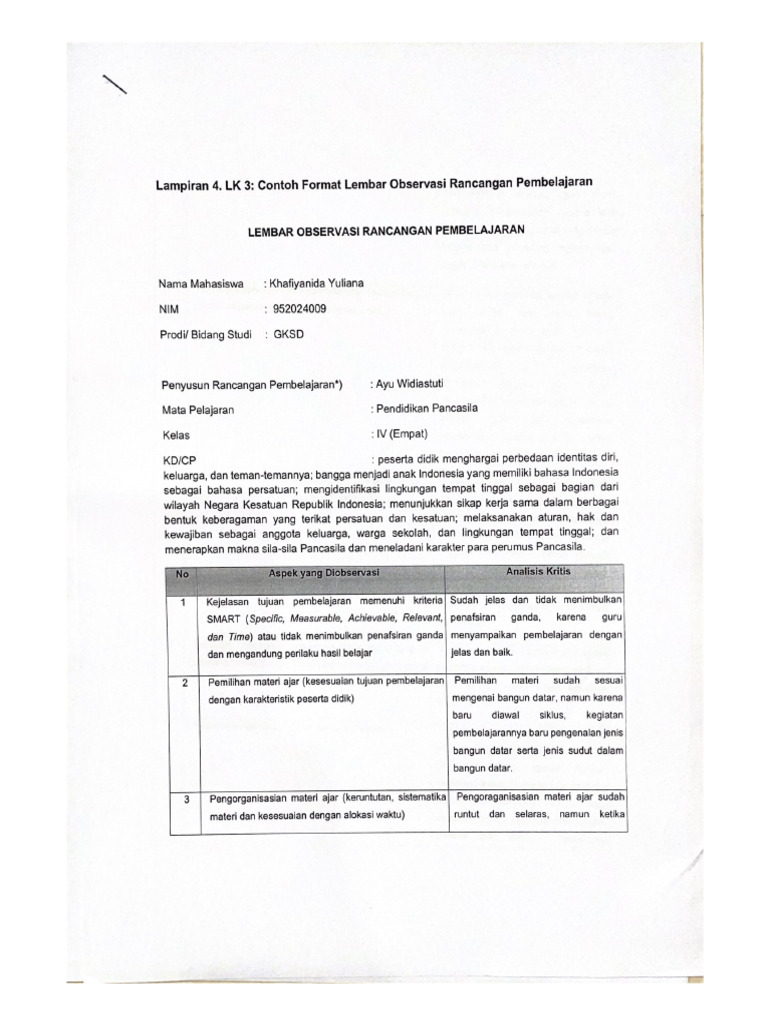Lampiran 4. LK 3 Contoh Format Lembar Observasi Rancangan Pembelajaran | PDF