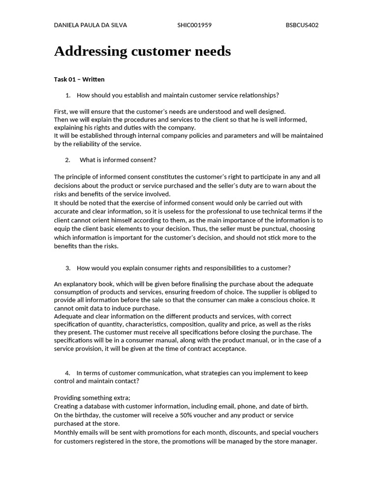BSBCUS402 - Addressing Customer Needs | PDF | Customer | Business