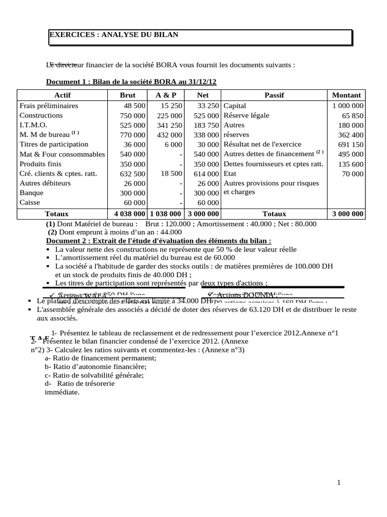 Analyse du bilan financier de BORA et MILANO | PDF | Ratio financier ...
