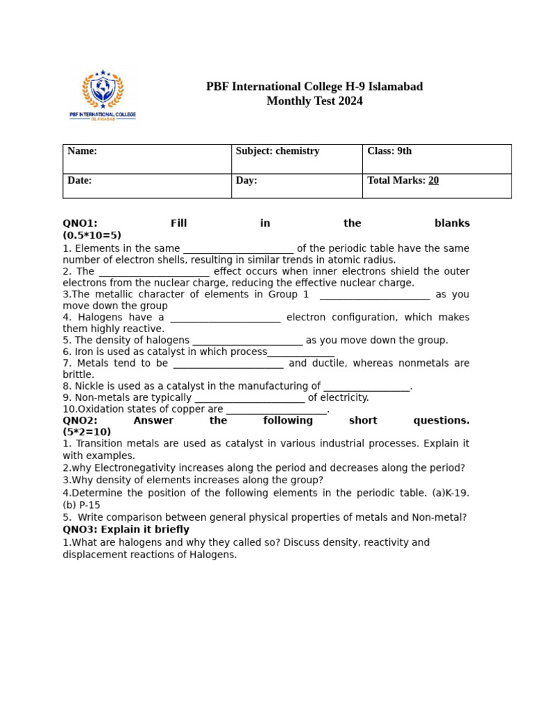 9th Grade Chemistry Monthly Test 2024 | PDF