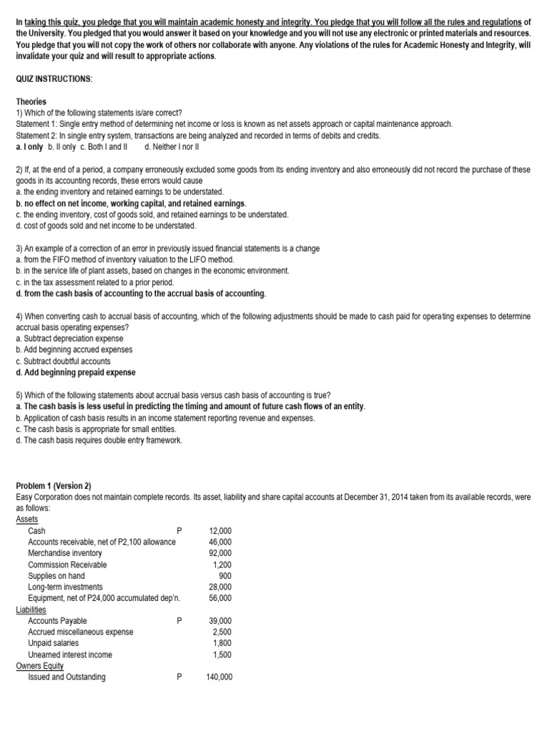 Intacctg2 Quiz1 Final With Suggested Answers 1 PDF | PDF | Debits And Credits | Dividend