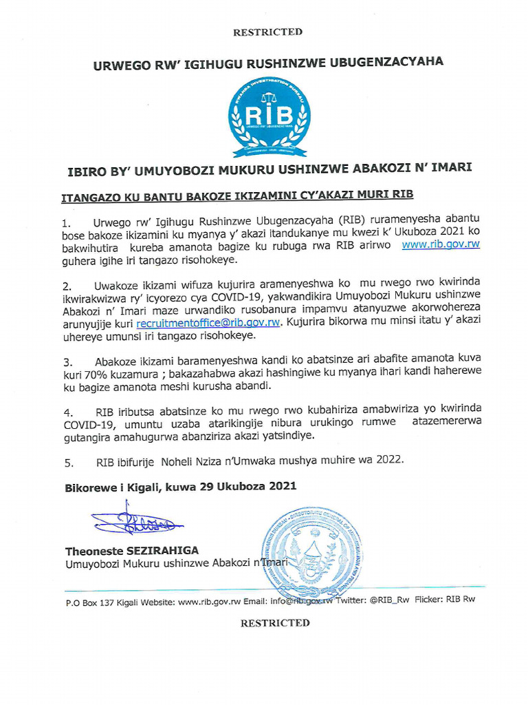 Itangazo Ry Amanota Ku Bakoze Ibizamini by Akazi Muri RIB | PDF