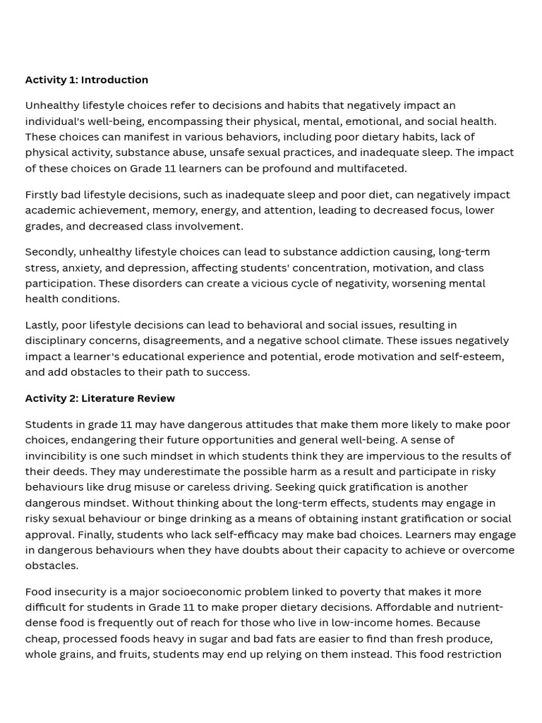 Unhealthy Lifestyle Choices Refer to Decisions and Habits That ...