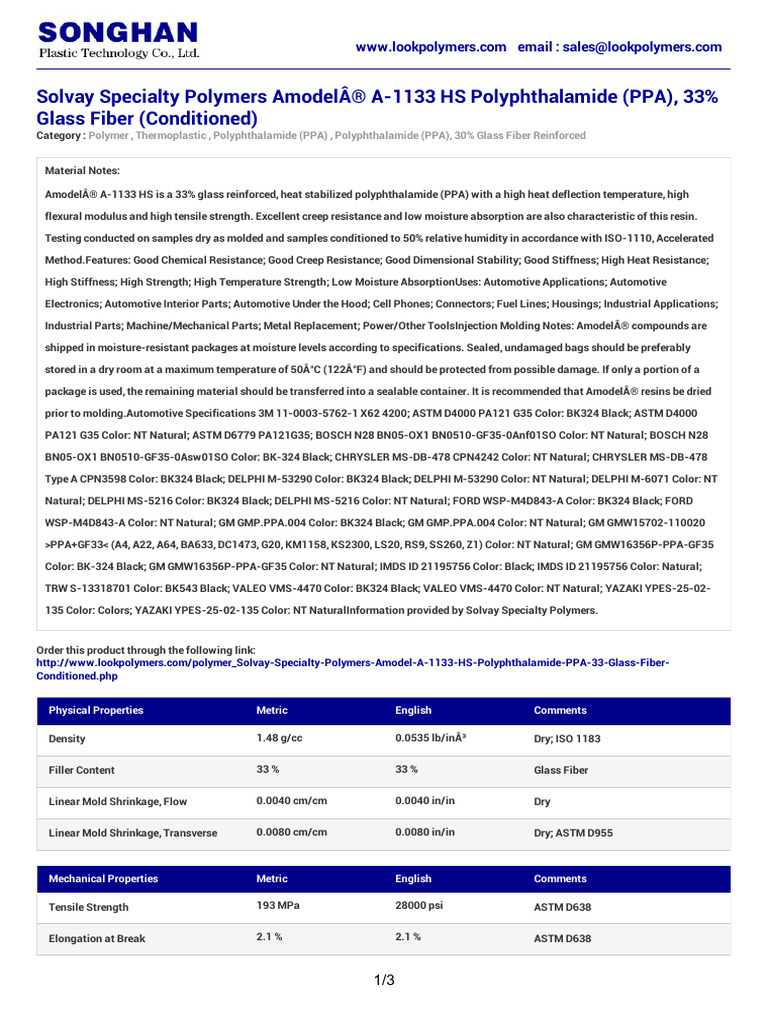 Solvay Specialty Polymers Amodel A 1133 HS Polyphthalamide PPA 33 Glass ...