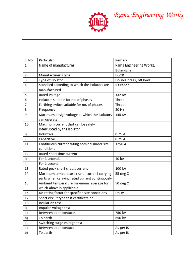 132kV 1250A Isolator GTP and Drawings | PDF | Switch | Fuse (Electrical)