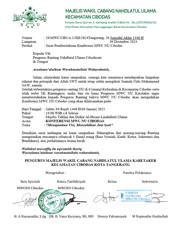 Surat Undangan Konferensi MWC NU Uwung Jaya | PDF